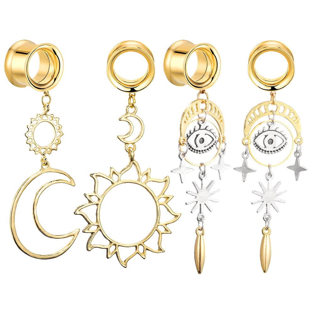 TBOSEN 2 Pairs Surgical Steel Ears Gauges Tunnels Plugs Moon Sun Design Dangle Charms Body Piercing Jewelry Earrings for Women 2g-5/8 in 6mm-16mm