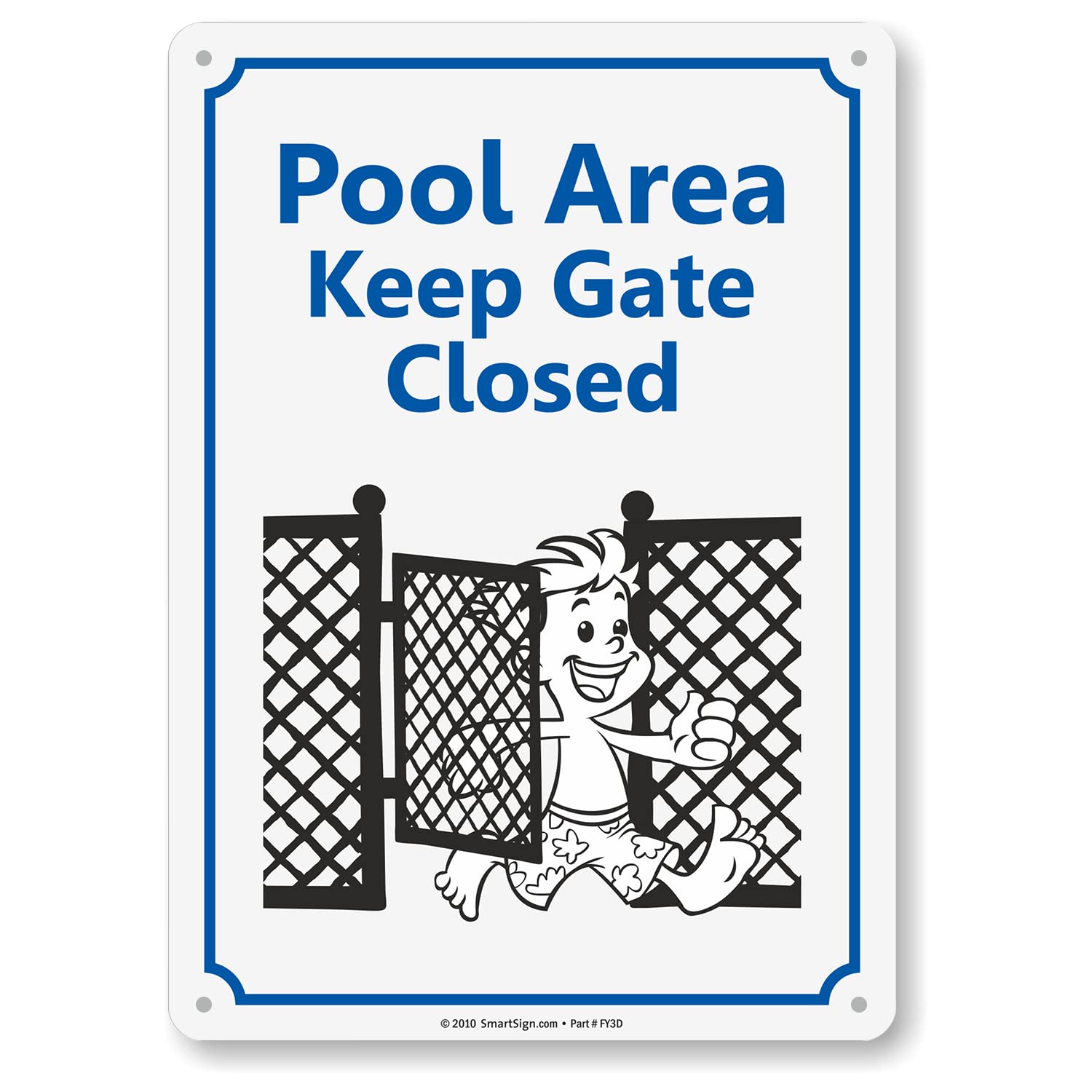 SmartSign 14 x 10 inch “Pool Area - Keep Gate Closed” Metal Sign with Funny Graphic, 40 mil Laminated Rustproof Aluminum, Blue, Black and White, Made in USA