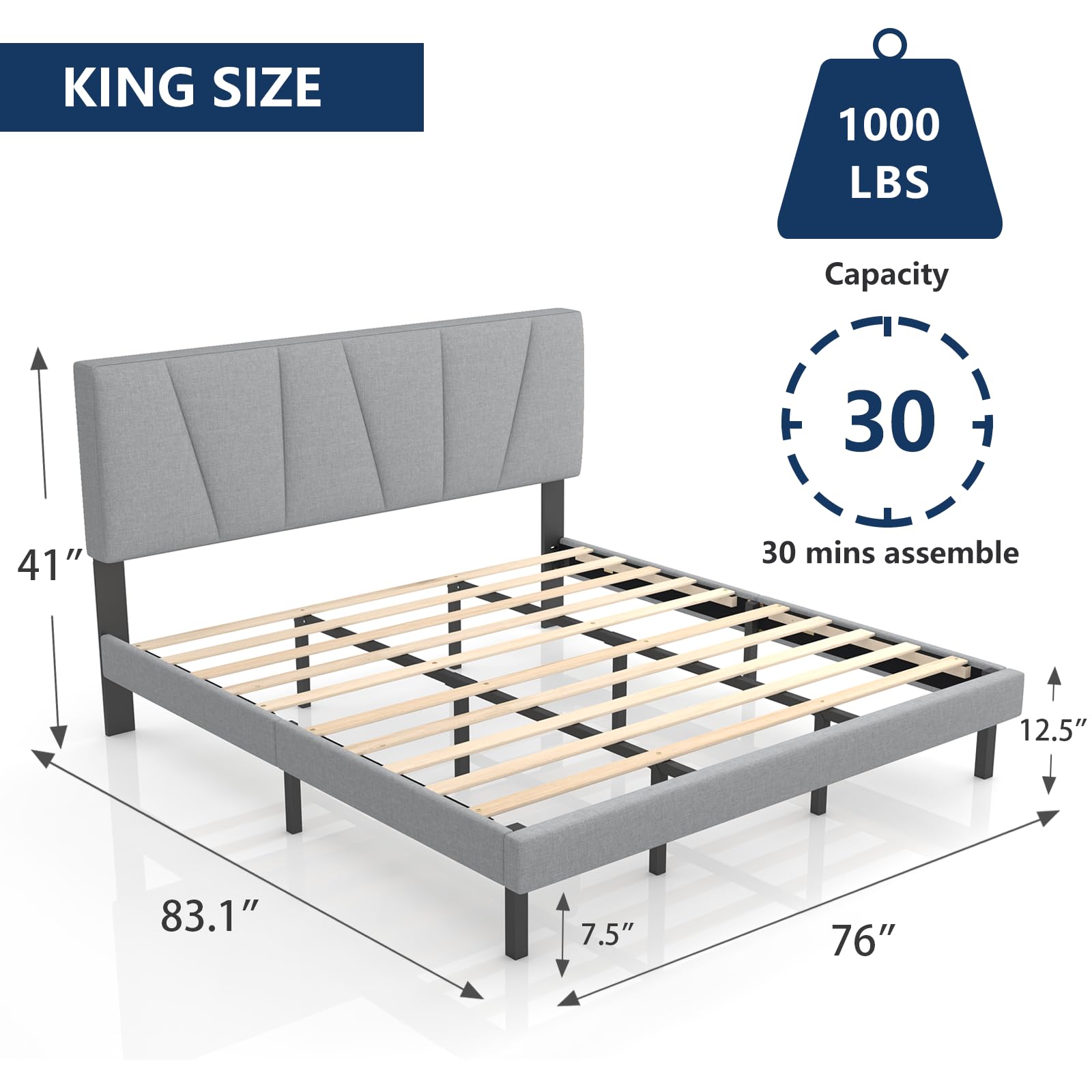 Molblly King Bed Frame Upholstered Platform with Headboard and Strong Wooden Slats, Strong Weight Capacity, Non-Slip and Noiseless,No Box Spring Needed, Easy Assembly,Light Grey
