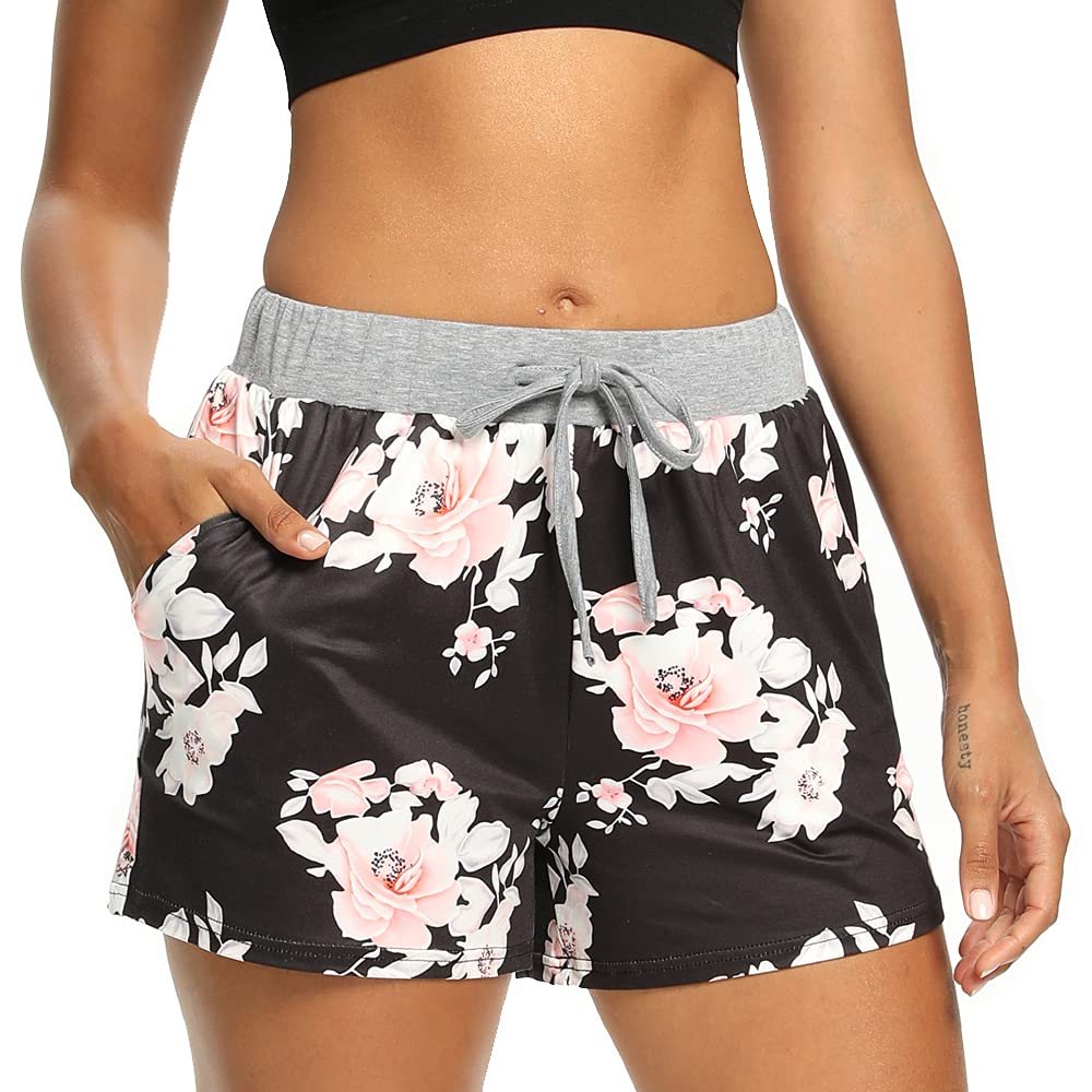 Vegove Women Drawstring Lounging Shorts with Pockets Sport Yoga Casual Activewear Short (2 Pack Floral, X-Large)