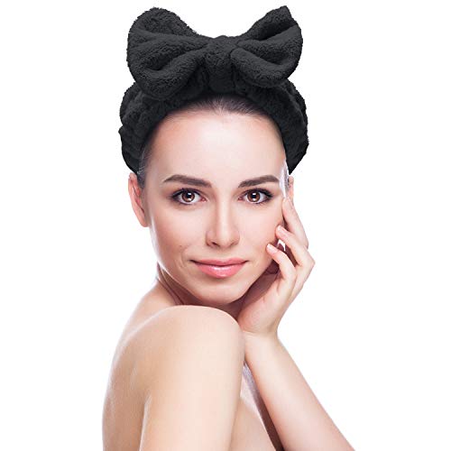 Senkary 4 Pack Bow Makeup Headband Microfiber Spa Headbands Towel Headband Soft Puffy Washing Face Headband for Women Girls Shower Bath Skincare (White, Blue, Black, Dark Grey)