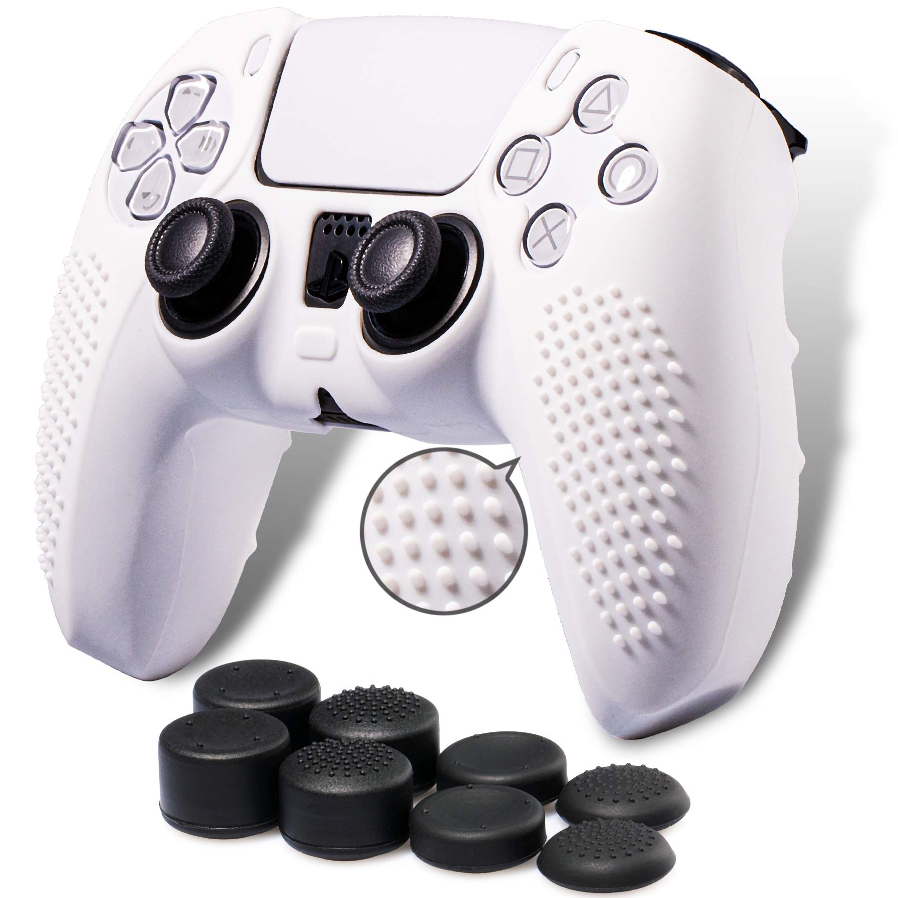 Playrealm Soft 3D Dots Silicone Skin Cover x 1 & Thumb Grips x 8 for PS5 Dualsenese Controller (White)