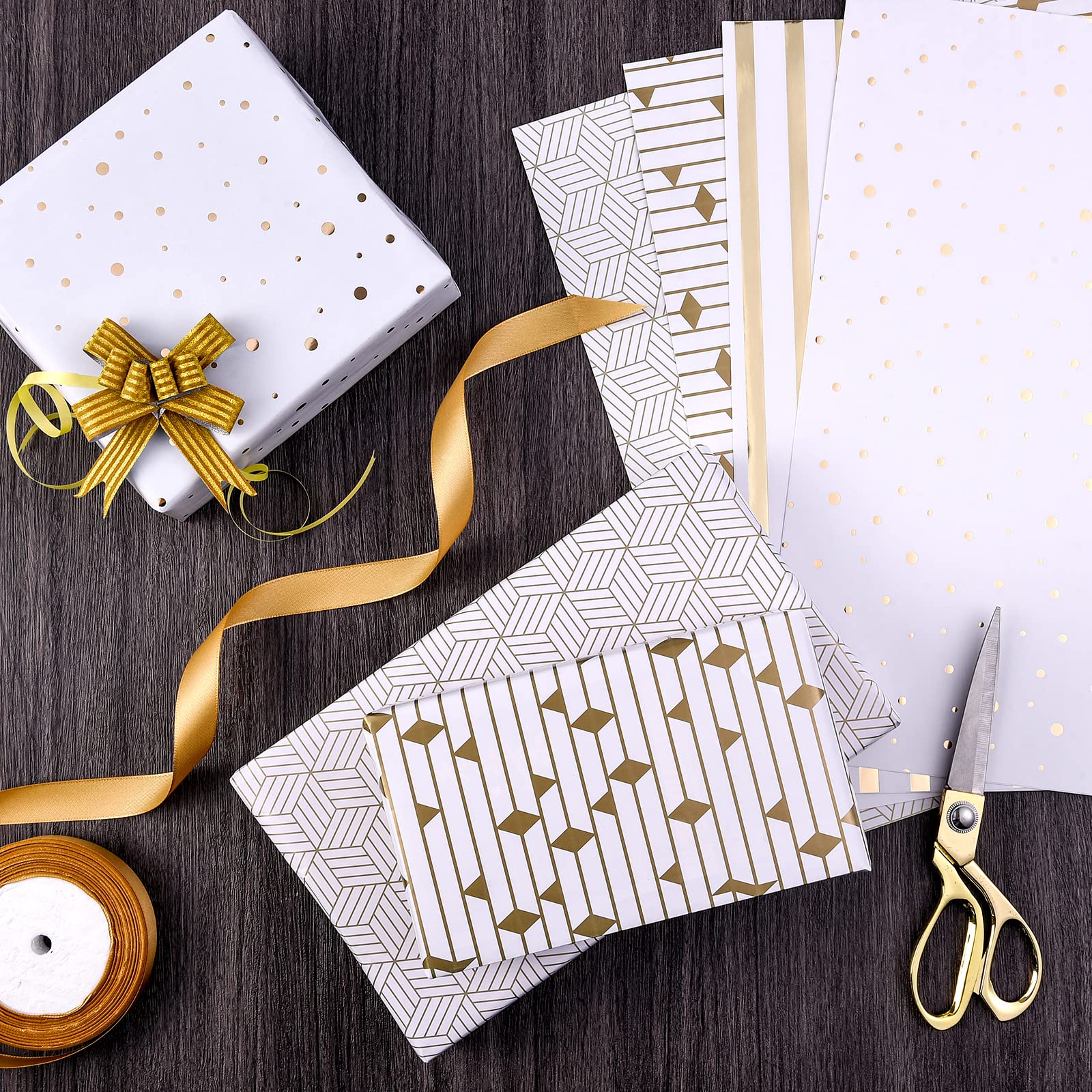 PlandRichW Gold Wrapping Paper Folded for Birthdays, Weddings, Graduations, Father's Day, Christmas, Hanukkah, Holidays, White & Gold Foil Design Triangle Striped Polka Dot Grid 12 Sheets 20"x29"