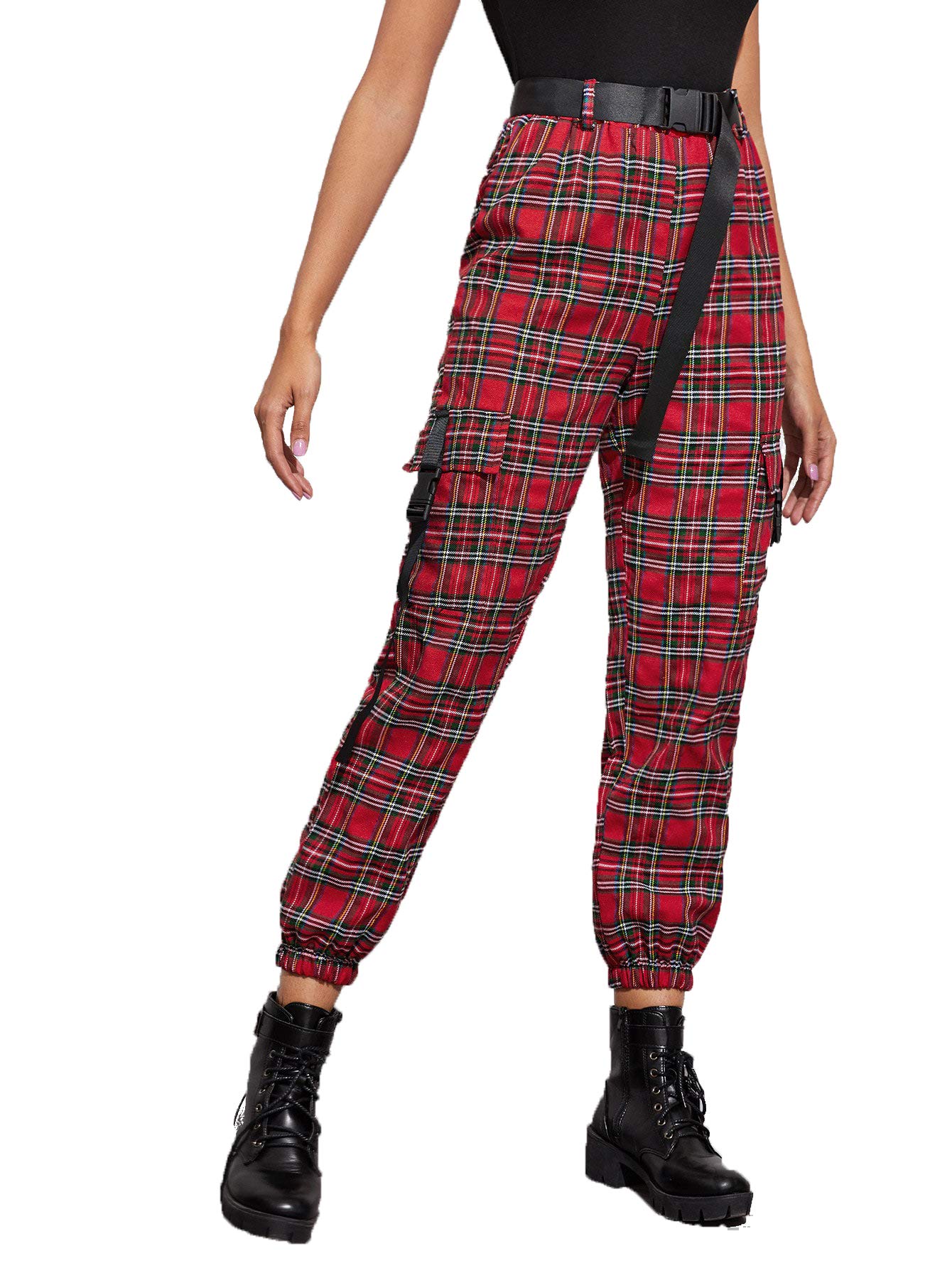 Romwe Women's Workout Jogger Pants Lightweight Hiking Outdoor Cargo Sweatpants with Belted Tartan Small