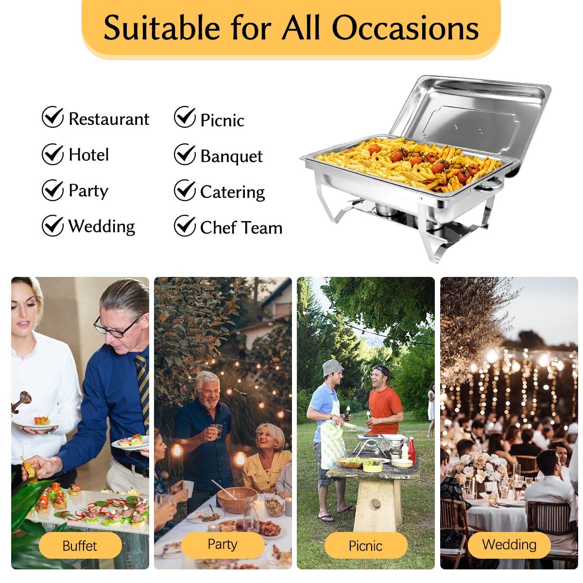 Snowtaros 4 Pack 8QT Chafing Dish Buffet Set, Stainless Steel Food Warmer Set, Rectangular Buffet Server with Tongs & Spoons for Parties, Catering, Banquets, Events (2 Full Size + 2 Half Size)