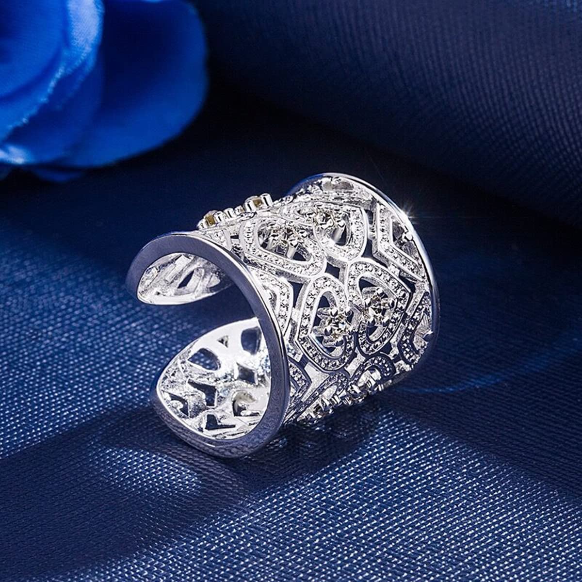 Naivo Retro Europe Style Rose Gold Plated Hollow Hears White Zircon Resizable Band Ringe (silver)