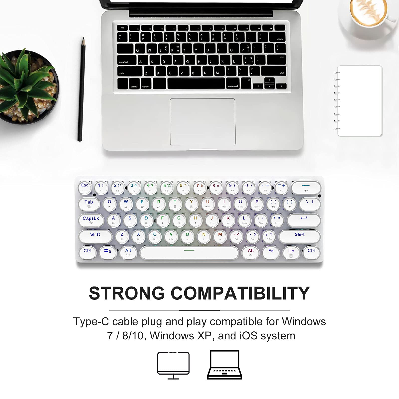 STOGA 60% Mechanical Keyboard, Gaming Keyboard for PC, Wired Mini White keyboaed Compact RGB LED Backlit, Retro Computer Keyboard Typewriter Style Round Keycap for PC Gamer/Office, 61 Keys