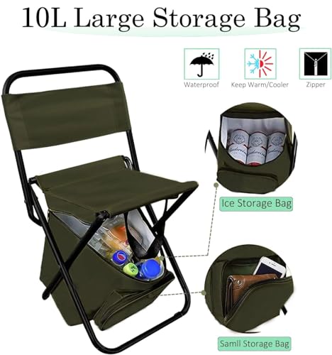 Sequpr Portable Foldable Camping Chair with Cooler Bag, Lightweight Backrest Stool Compact Folding Chair Seat, Outdoor Backrest Stool with Folding Backpack for Camping Hunting Fishing Hiking Green