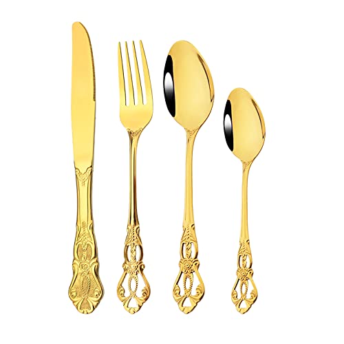 Snplowum Royal 24-piece Gold Mirror Silverware Dinnerware, 18/10 Stainless Steel Luxury Flatware Service For 6 Tableware Ideal For Wedding Home Restaurant, Dishwasher Safe