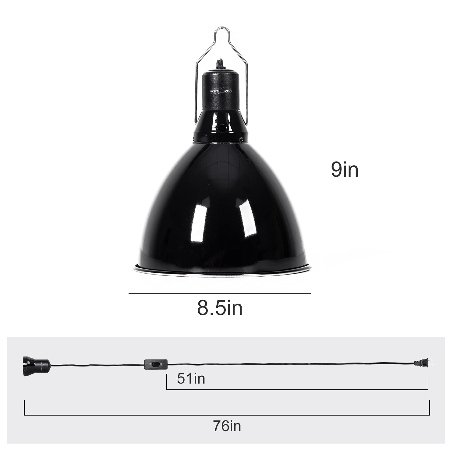 REPTI ZOO 8.5 inch Reptile Light Fixture 200W 2 in 1 E26 Base with Removable Ceramic Socket with On Off Toggle Switch in Black,Aquarium Dome Reptile UVB Light Socket Fixture (without Bulbs)