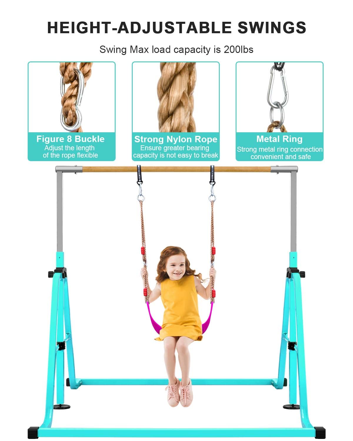 Weaile Gymnastics Bar for Home -Height Adjustable 3' to 5' Foldable Gymnastic Bar for Kids Ages 3-15, Ideal for Indoor and Home Training Bar