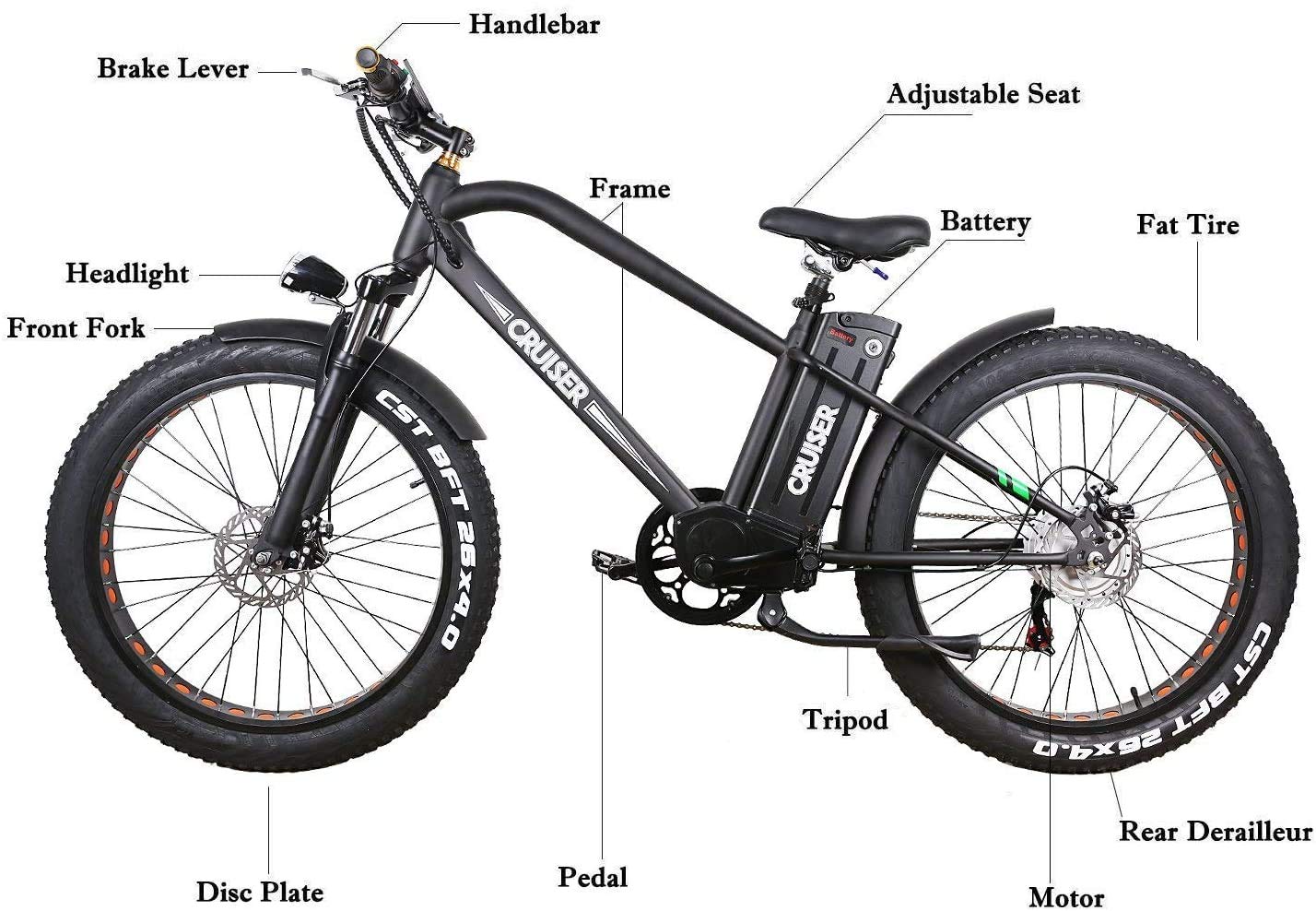 NAKTTO 26" 500W Electric Bicycle Fat Tire Mountain EBike 6 Speeds Gear Removable 48V12A Lithium Battery Smart Multi Function LED Display - with 48V12A Lithium Battery