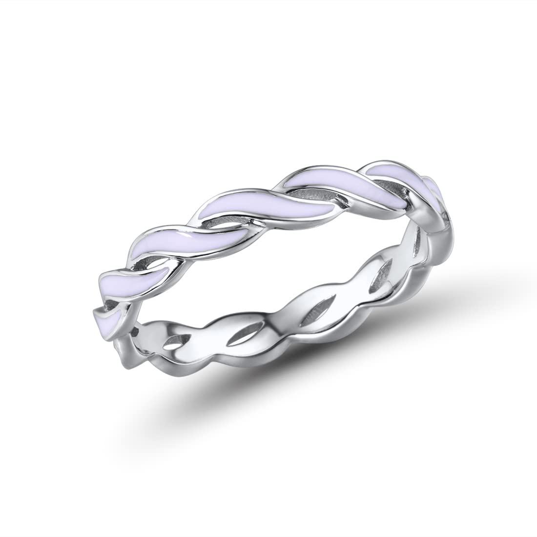 Santuzza 925 Sterling Silver Stacking Ring Handmade Enamel Colorful Twisted Stackable Ring for Women (White,6.5)