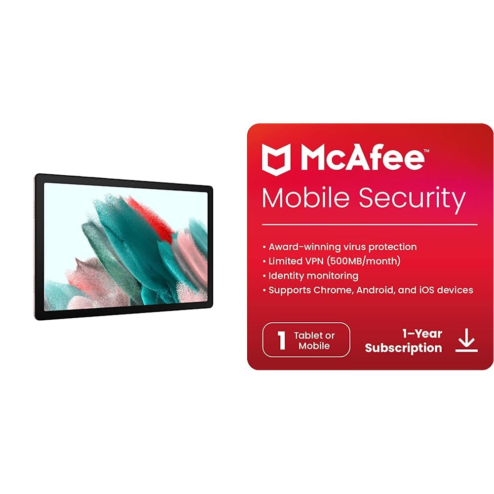 SAMSUNG Galaxy Tab A8 10.5” 128GB Android Tablet, Long Lasting Battery, US Version, 2022, Pink Gold and McAfee Mobile Security, 1 Device, Antivirus, 1 Year Subscription [Online Code]