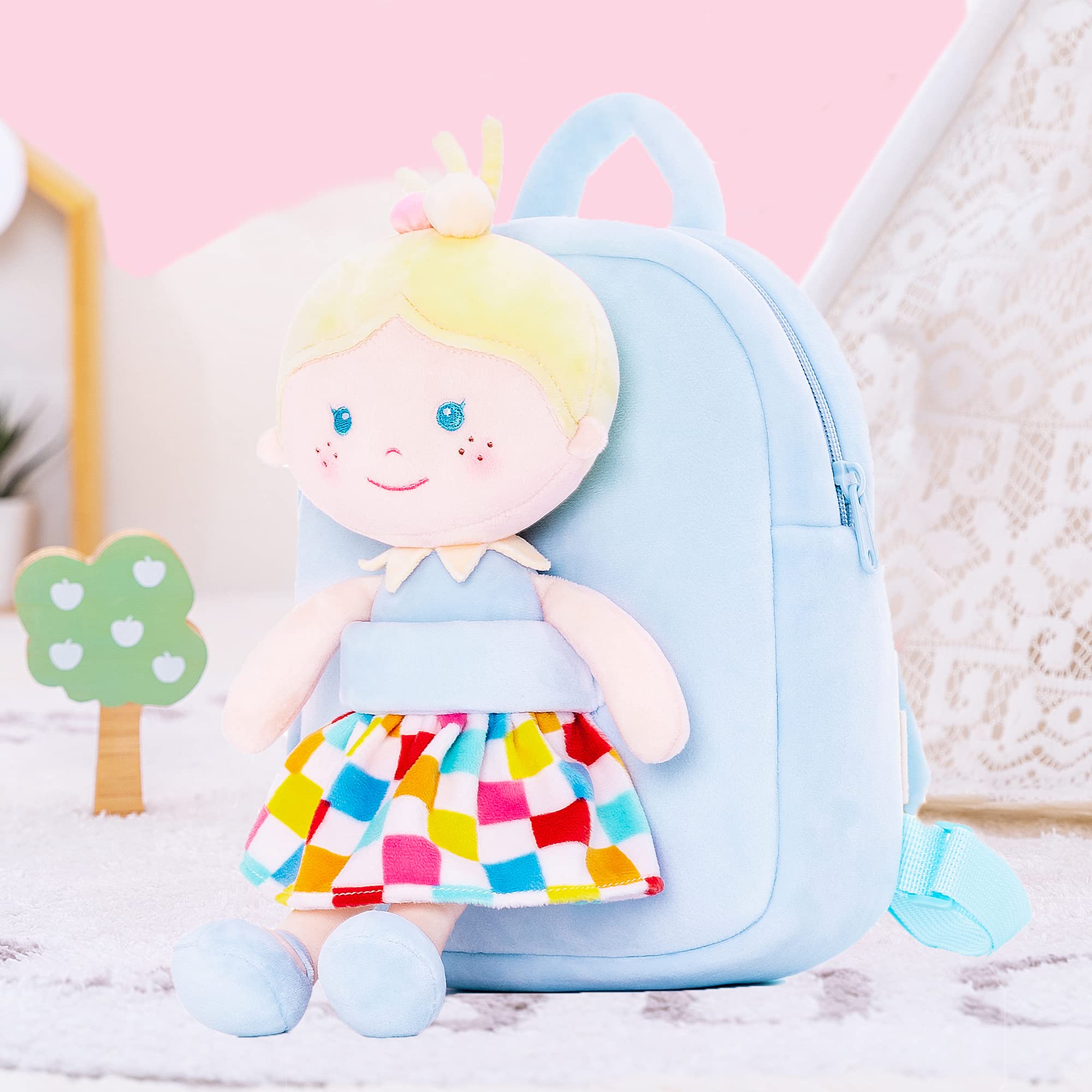 Onetoo Toddler Kids Backpack with Soft Baby Dolls in Plaid Dress 9.5"