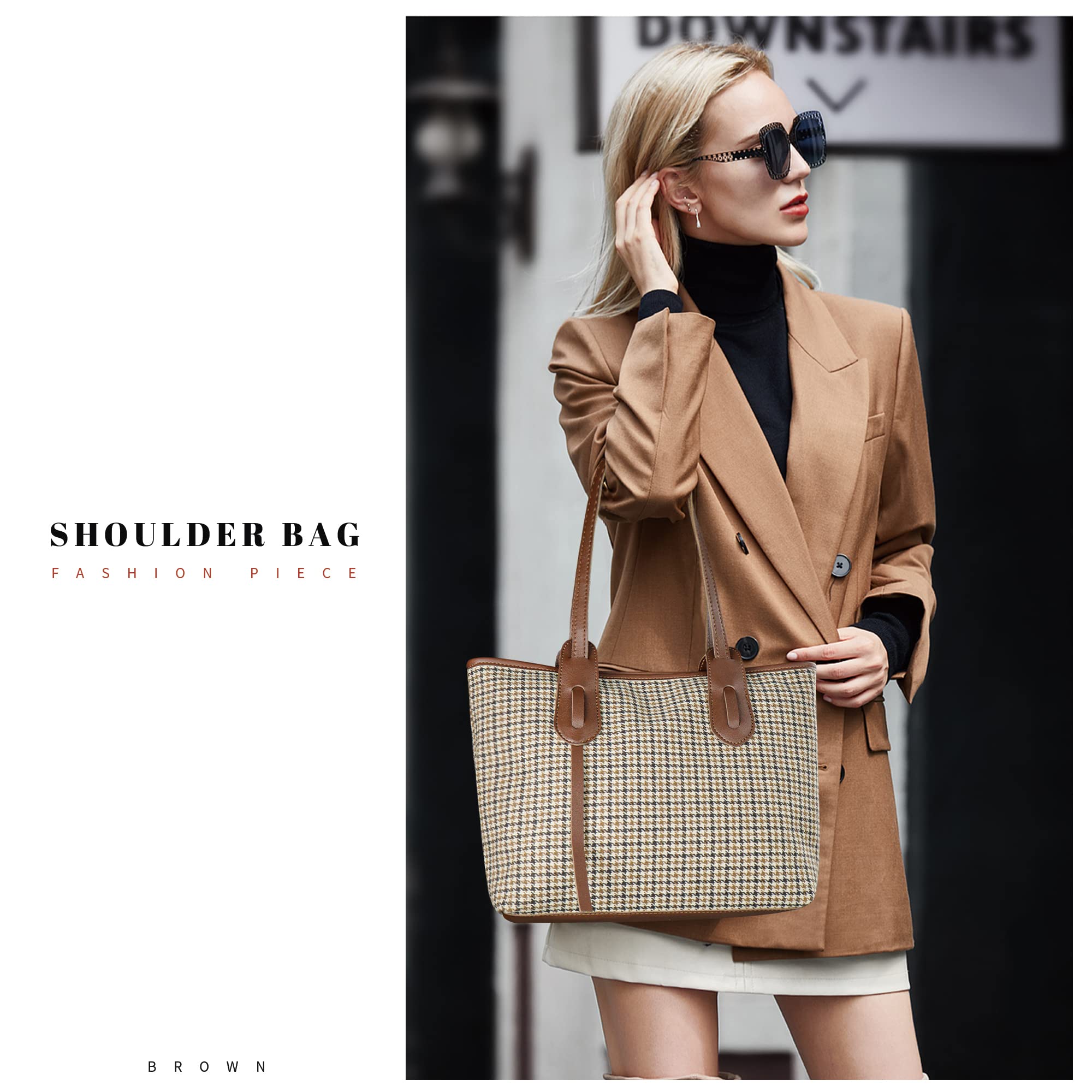 Whale Power Tote Bag for Women Houndstooth Shoulder Handbags Medium Size Purses with Zipper Brown