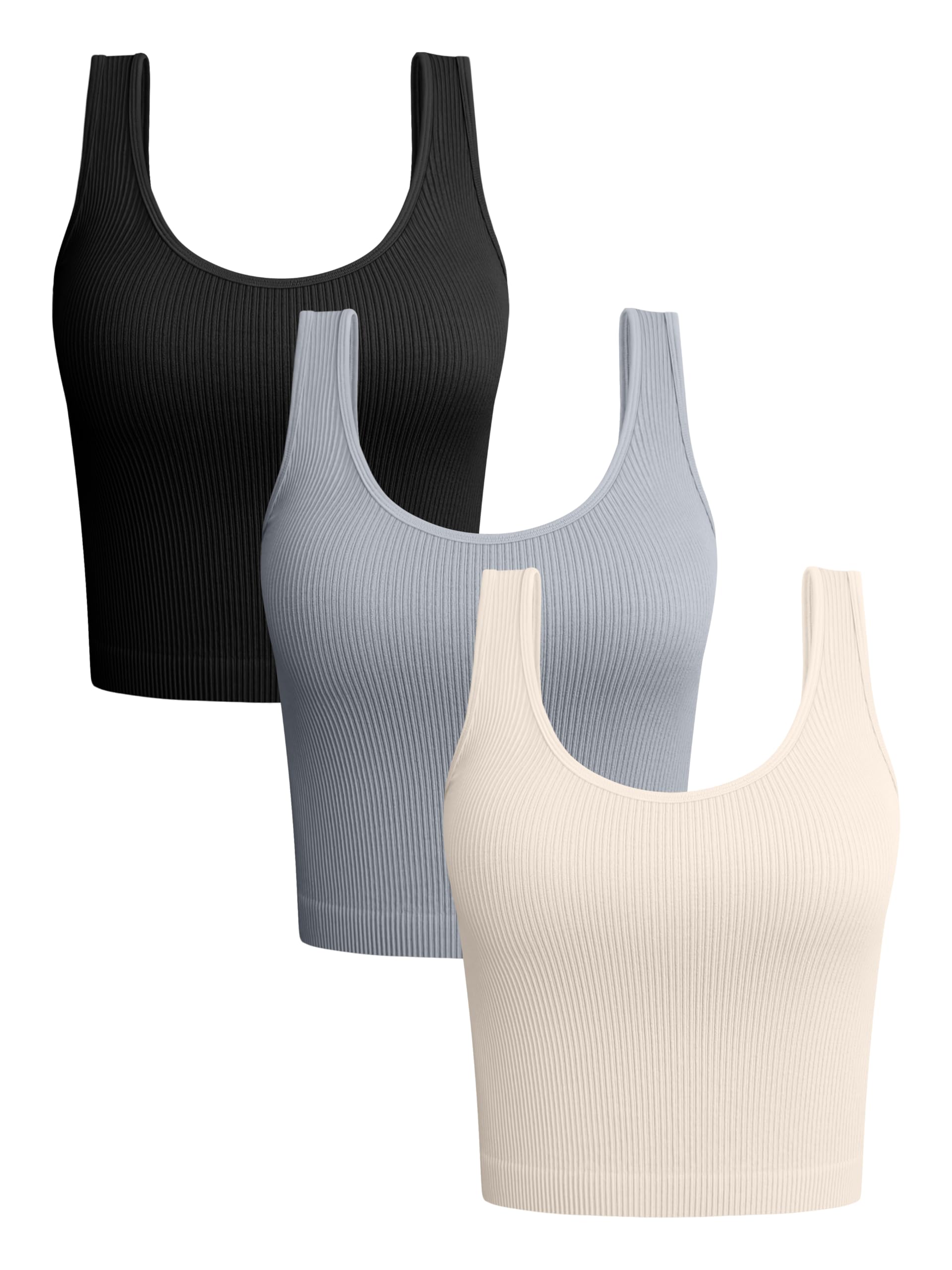 OQQ Women's 3 Piece Tank Tops Ribbed Seamless Workout Exercise Shirts Yoga Sleeveless Crop Tops Black Grey Beige