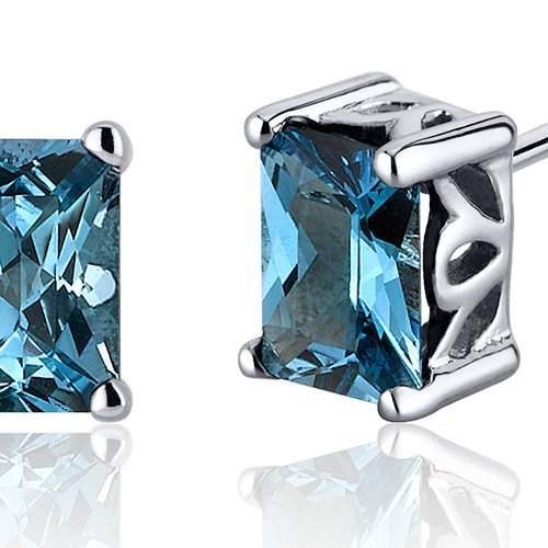 Peora London Blue Topaz Sterling Silver Stud Earrings for Women, Scroll Design, 2 Carats total Radiant Cut 7x5mm