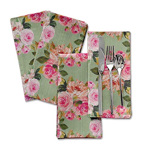 S4Sassy Green Stripe & Ranunculus Floral Holiday Parties Cloth Table Linen Re-Usable Dinner Napkins Set 18 x 18(Pack of 6)
