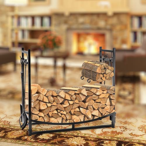 WBHome 3FT Heavy Duty Indoor Outdoor Firewood Storage Log Rack with 4 Tools - Includes Brush, Shovel, Poker, and Tongs