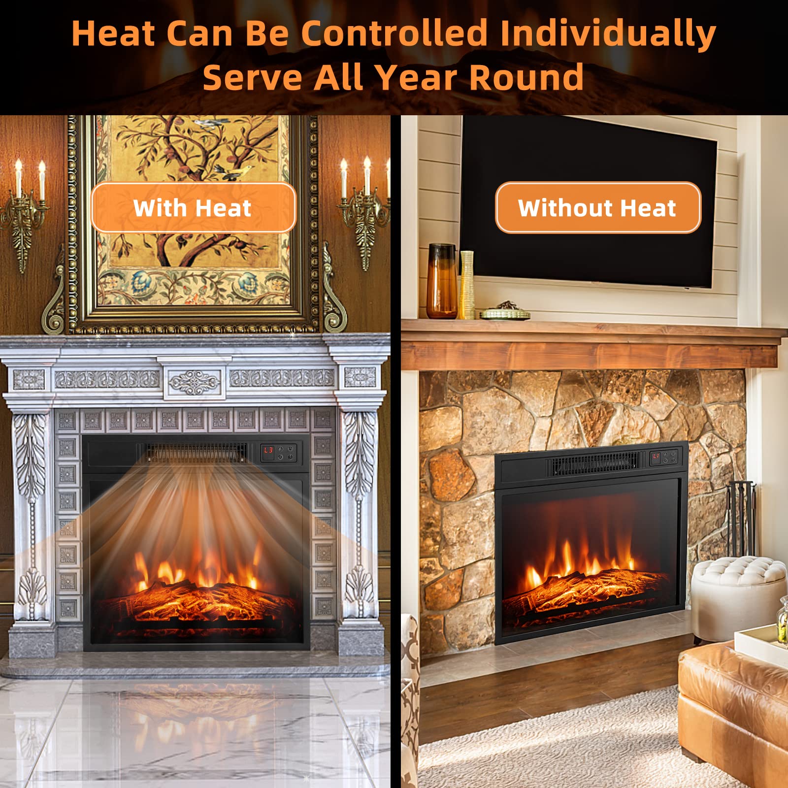 ORALNER Electric Fireplace Insert 18 Inch, Recessed Fireplace Heater with 3 LED Flame Effects, Remote Control & 6H Timer, Overheating Protection, Fireplace Insert for TV Stand, 1400W, Black