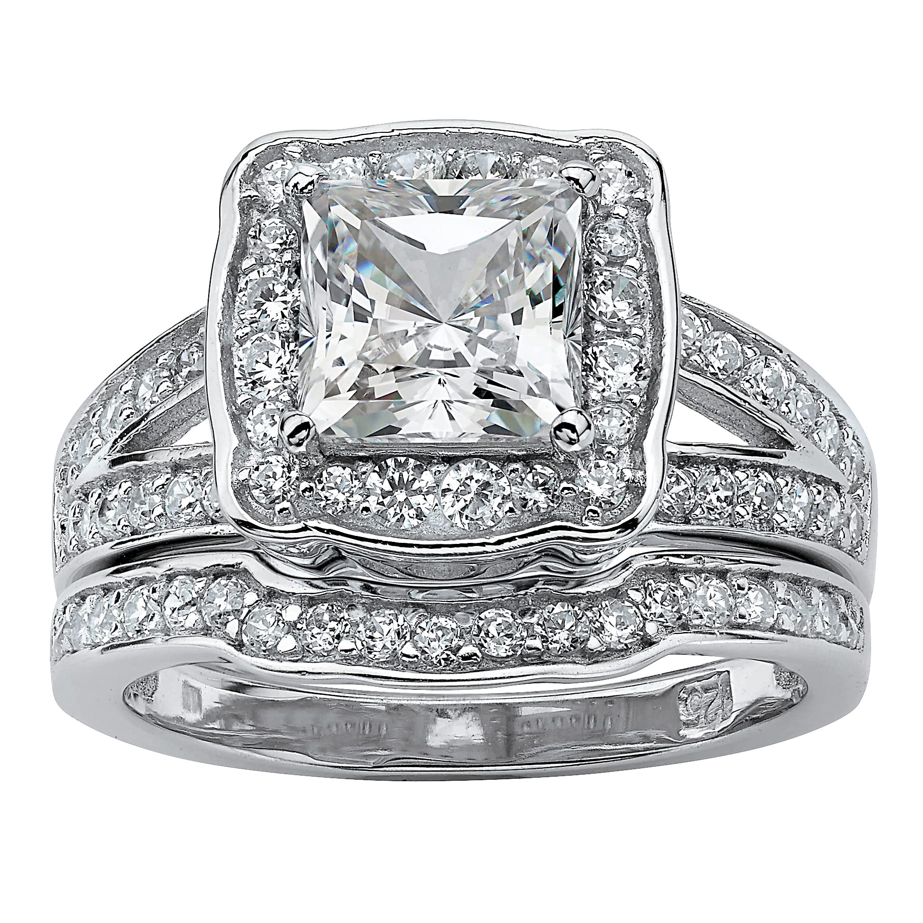 PalmBeach Platinum-plated Sterling Silver Princess Cut Cubic Zirconia Halo Bridal Ring Set Sizes 5-10 Size 8