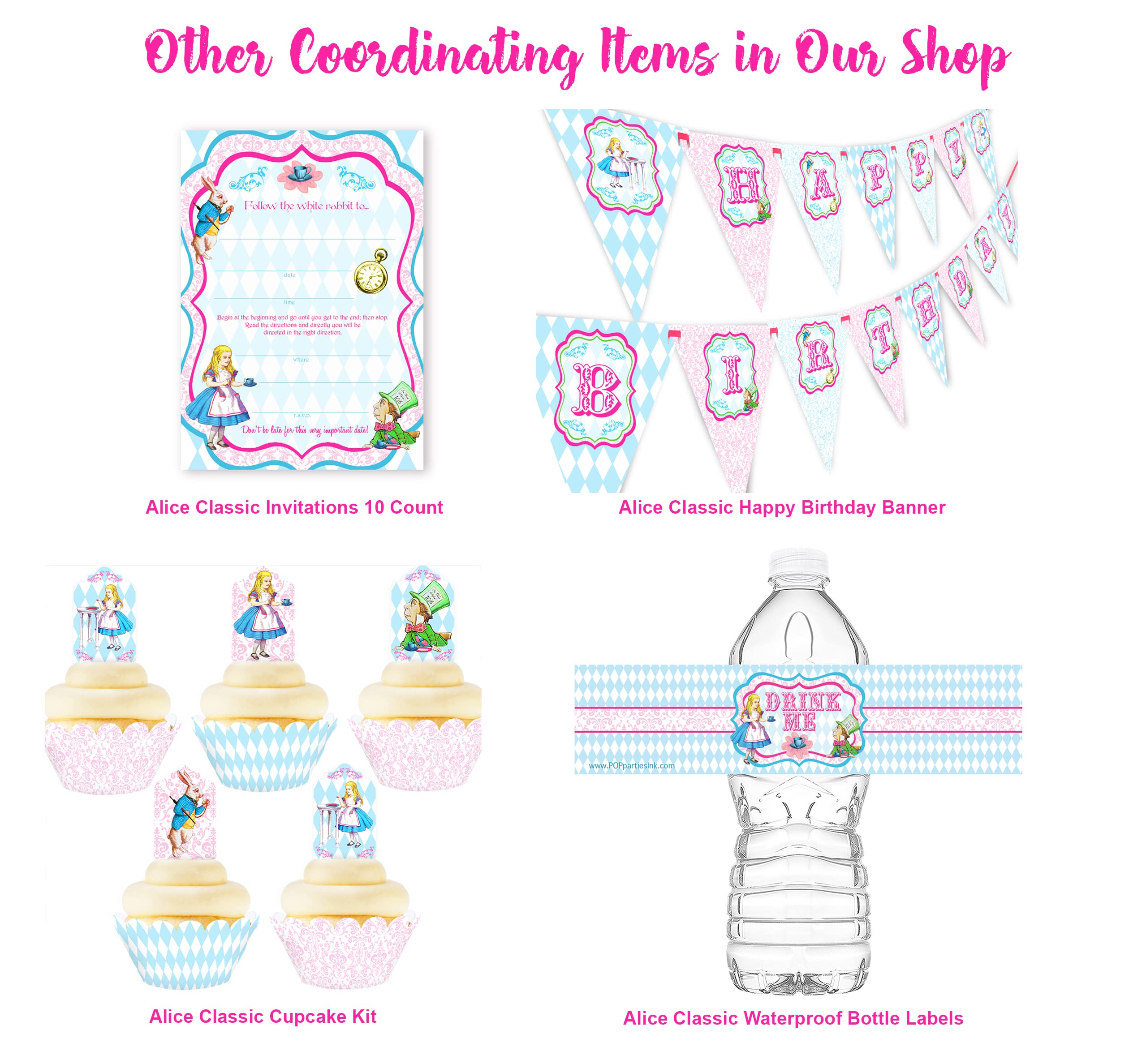 POP parties Alice in Wonderland Bottle Wraps - 20 Alice Water Bottle Labels - Made in The USA