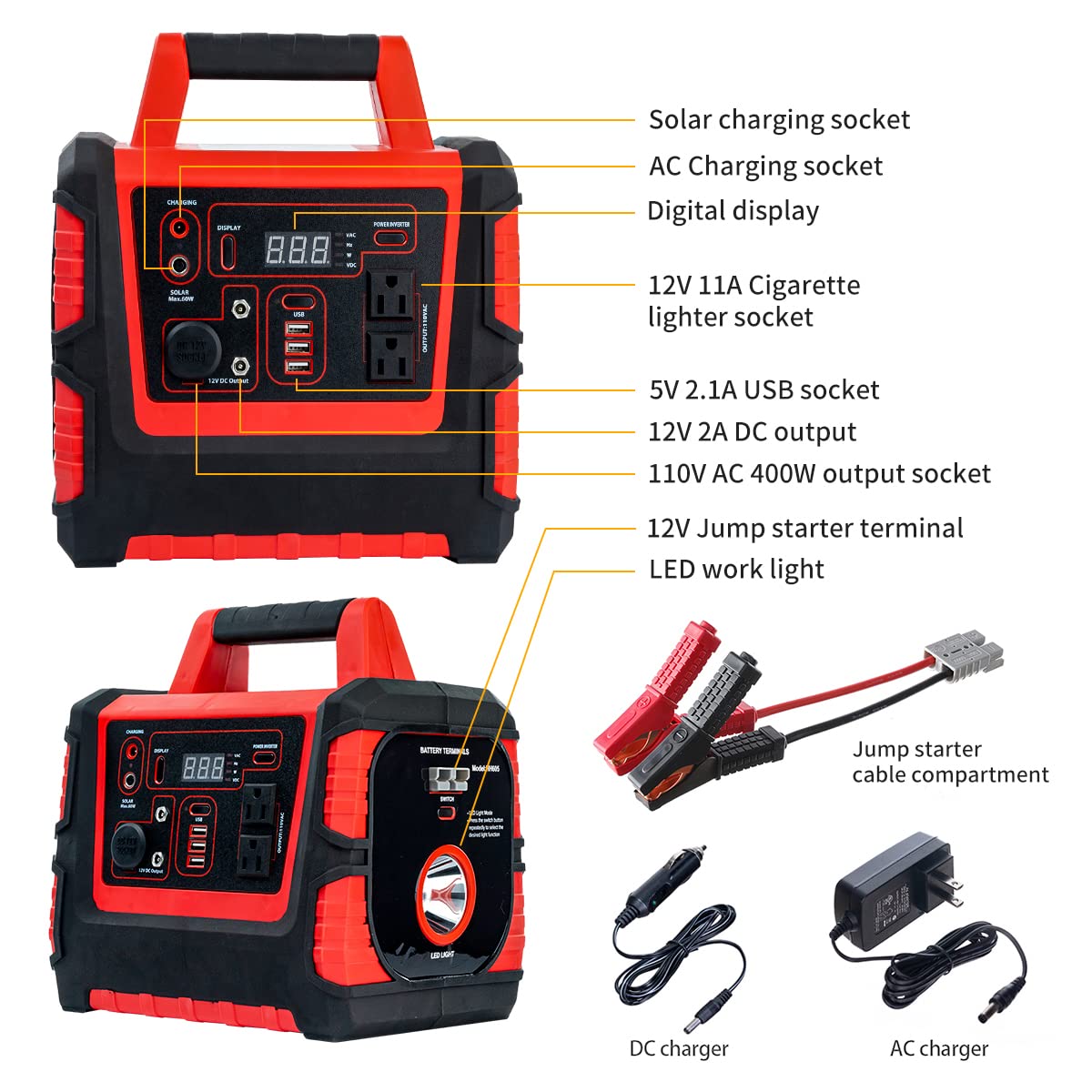 Portable Power Station, 2000Amps Car Battery Jump Starter Battery Pack with 400W Inverter Dual AC/DC/USB Output