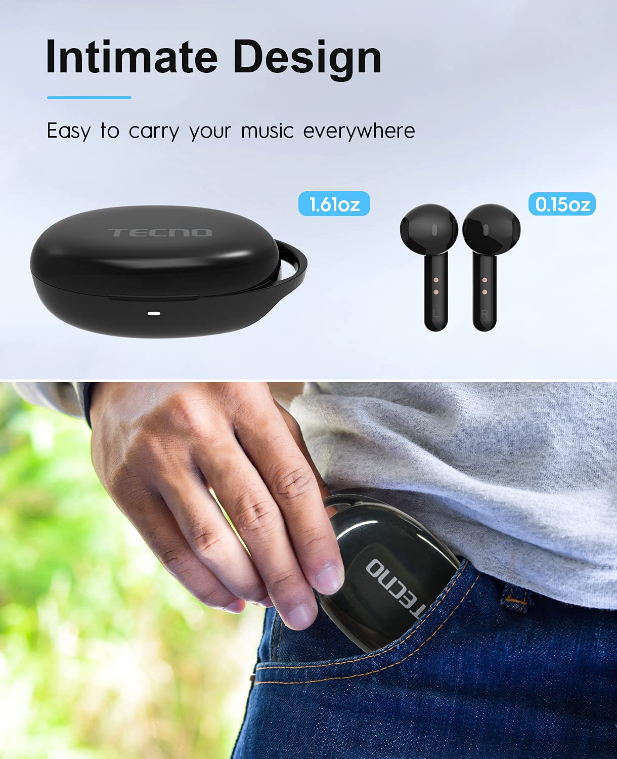 Tecno Wireless Bluetooth Earbuds with Microphone, Bluetooth Headphone Noise Cancelling Earbuds,
