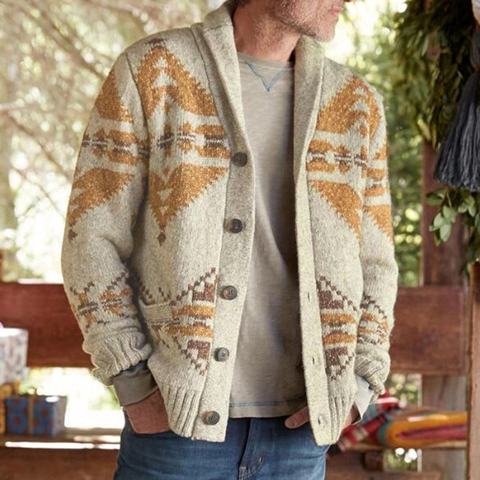 Stoota Mens Cable Knit Cardigan Sweater, Shawl Collar Single Breasted Button Long Sleeve Casual Cardigan Sweater Outwear, Khaki, 3X-Large