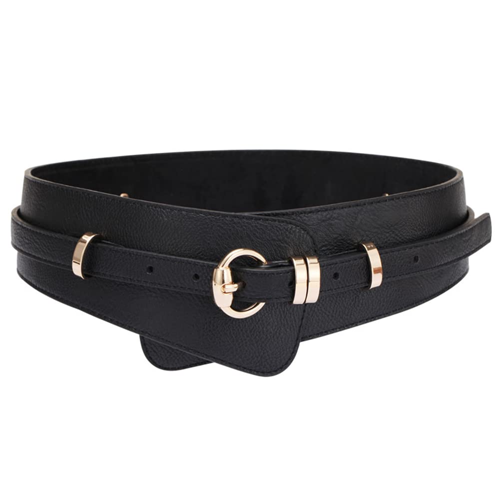 Toptim Womens' Vintage Belt Wide Leather Waistbands Needle Buckle Belts Two-in-one (Black, 30-34.5")