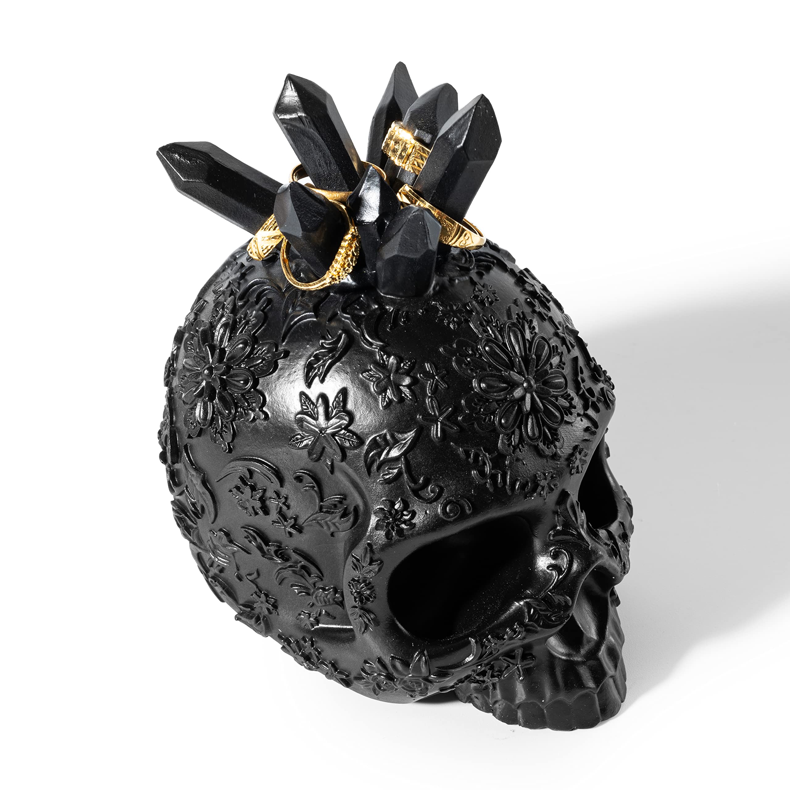 Skull Crystals Ring Holder, 3.75" H For & Year Round - Skull Decor, Goth Ring Organizer, Storage Display, Skeleton Jewelry Holder Trinket Rings Tray - Gothic & Emo Decor - Spooky Oddity