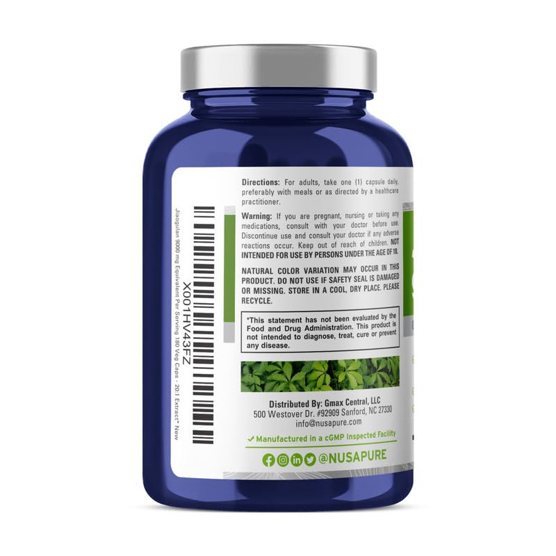 NusaPure Jiaogulan 9000 mg 180 Veggie Capsules (Extract 20:1, Vegetarian, Non-GMO, Vegan) Gynostemma Pentaphyllum