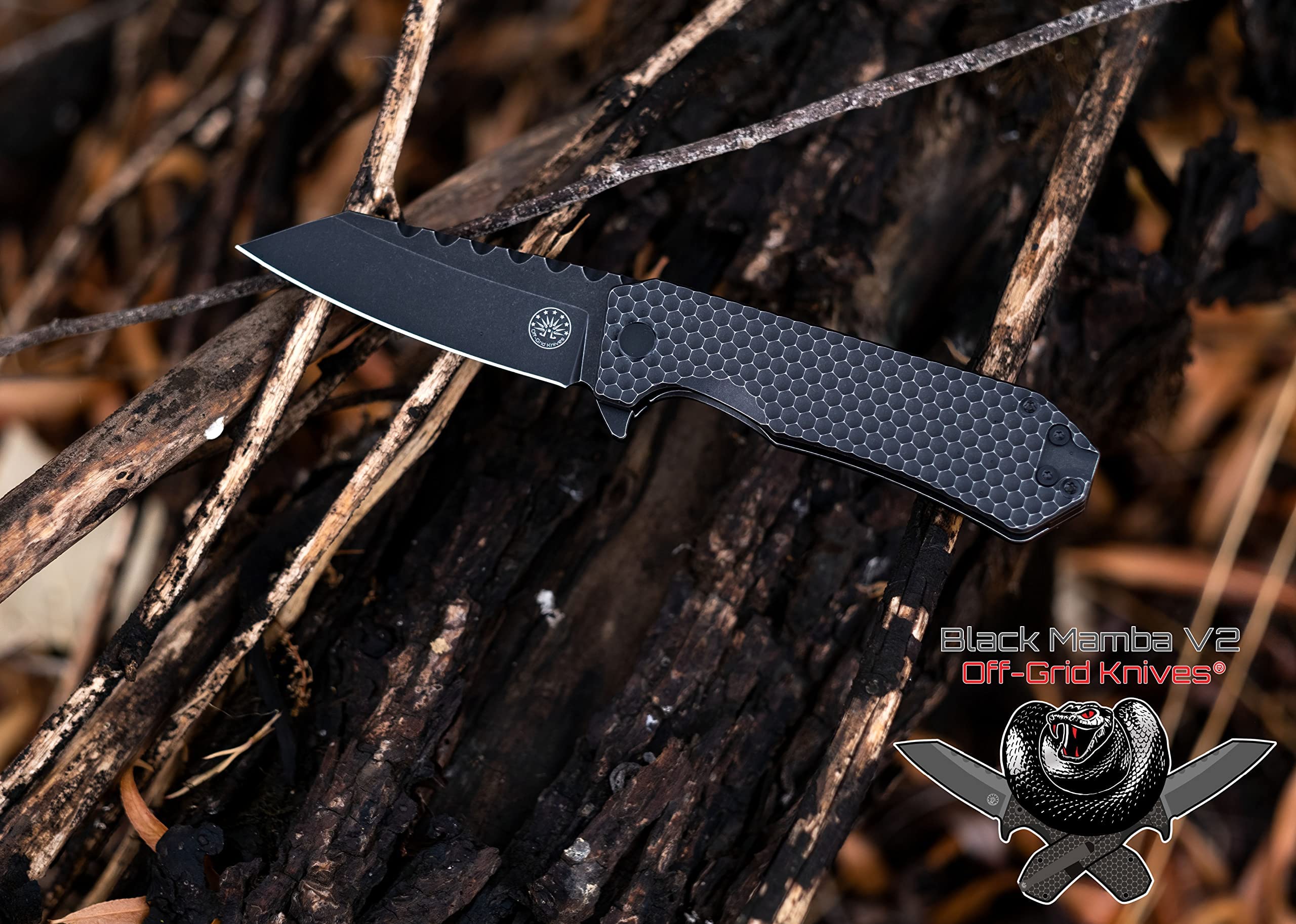 Off-Grid Knives - Black Mamba V2 - Bohler M390 Super Steel Blade, 6AL4V Titanium Scales, Ceramic Ball Bearing Flipper Knife, Brushed DLC, Open Back Design, Deep Pocket Carry