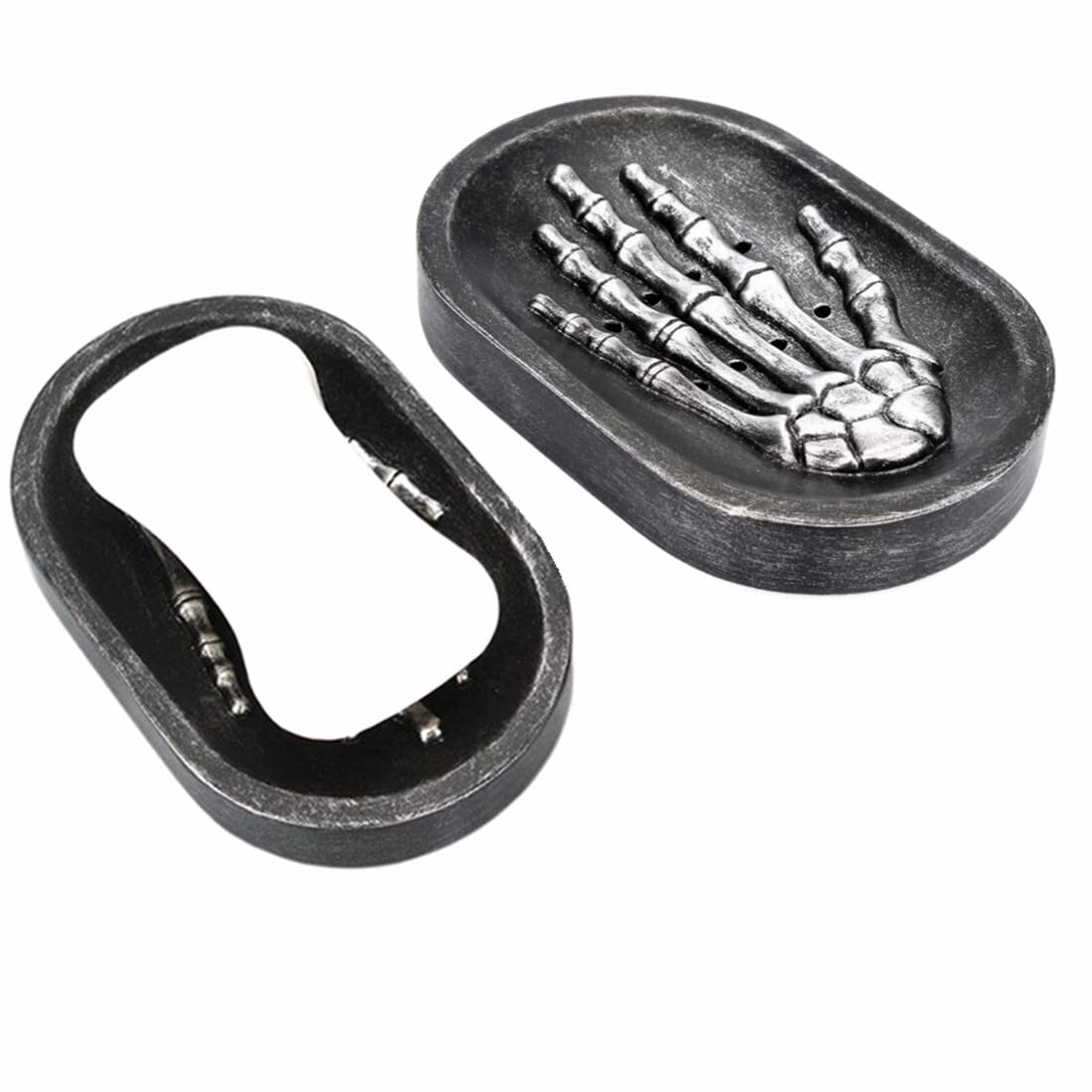 Resin Skeleton Handbone Soap Dish Holder, Water Draining Soap Tray for Bathroom Countertop Shower, Halloween Ghost Skull Hand Soap Rack Organizer (Black)