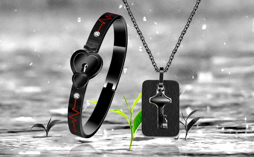 Uloveido Stainless Double Heart Infinity Love Lock Bangle Heartbeat Bracelet and Shield Key Pendant Necklace Couple Set for Men Women Y1891-Black