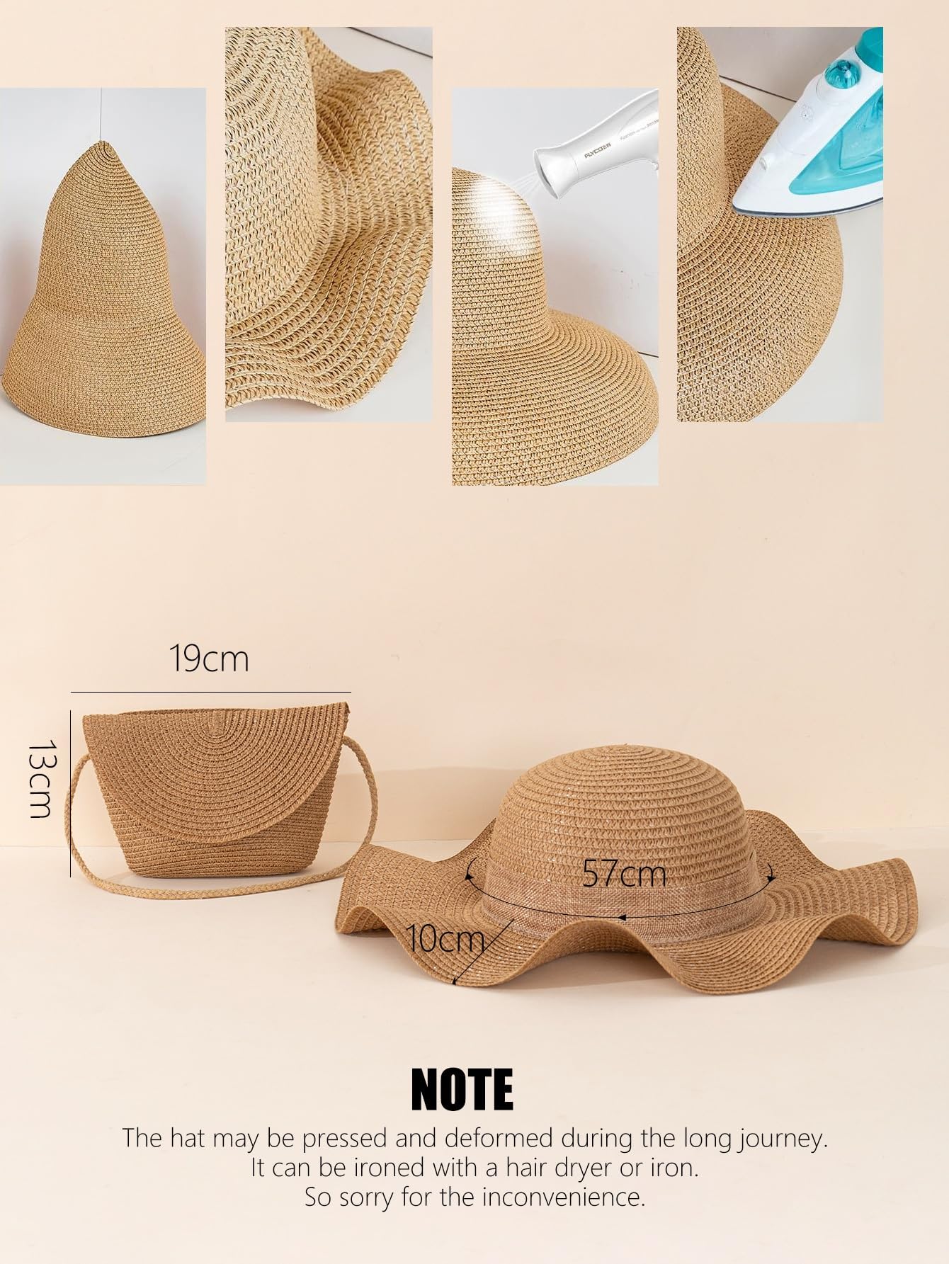 Verdusa Women's Bow Wide Brim Straw Sun Hat and Crossbody Straw Bag Set Khaki One-Size