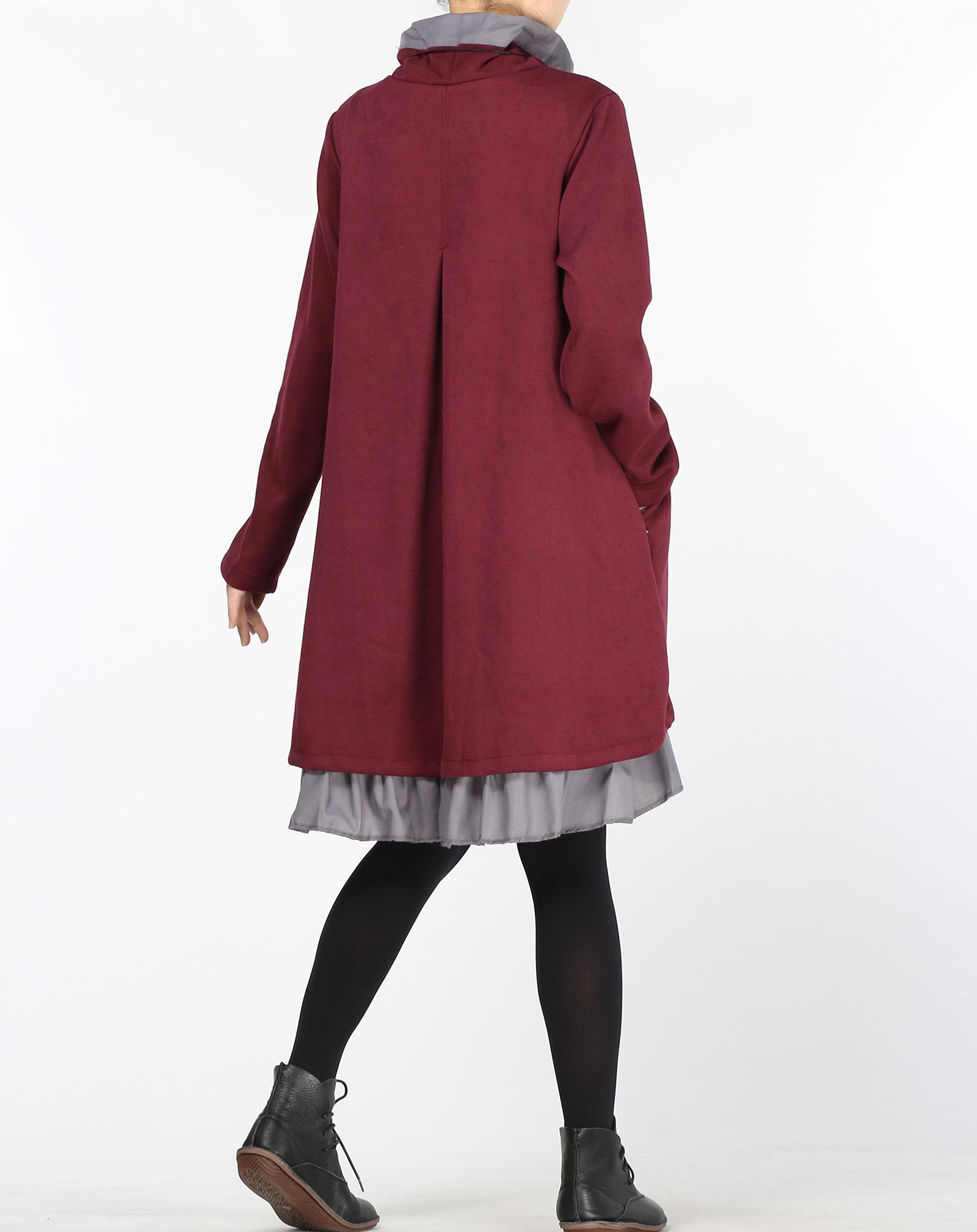 Mordenmiss Women's Flared Layers Dress Hi-Low Ruffle Hem Tunic Top M Burgundy