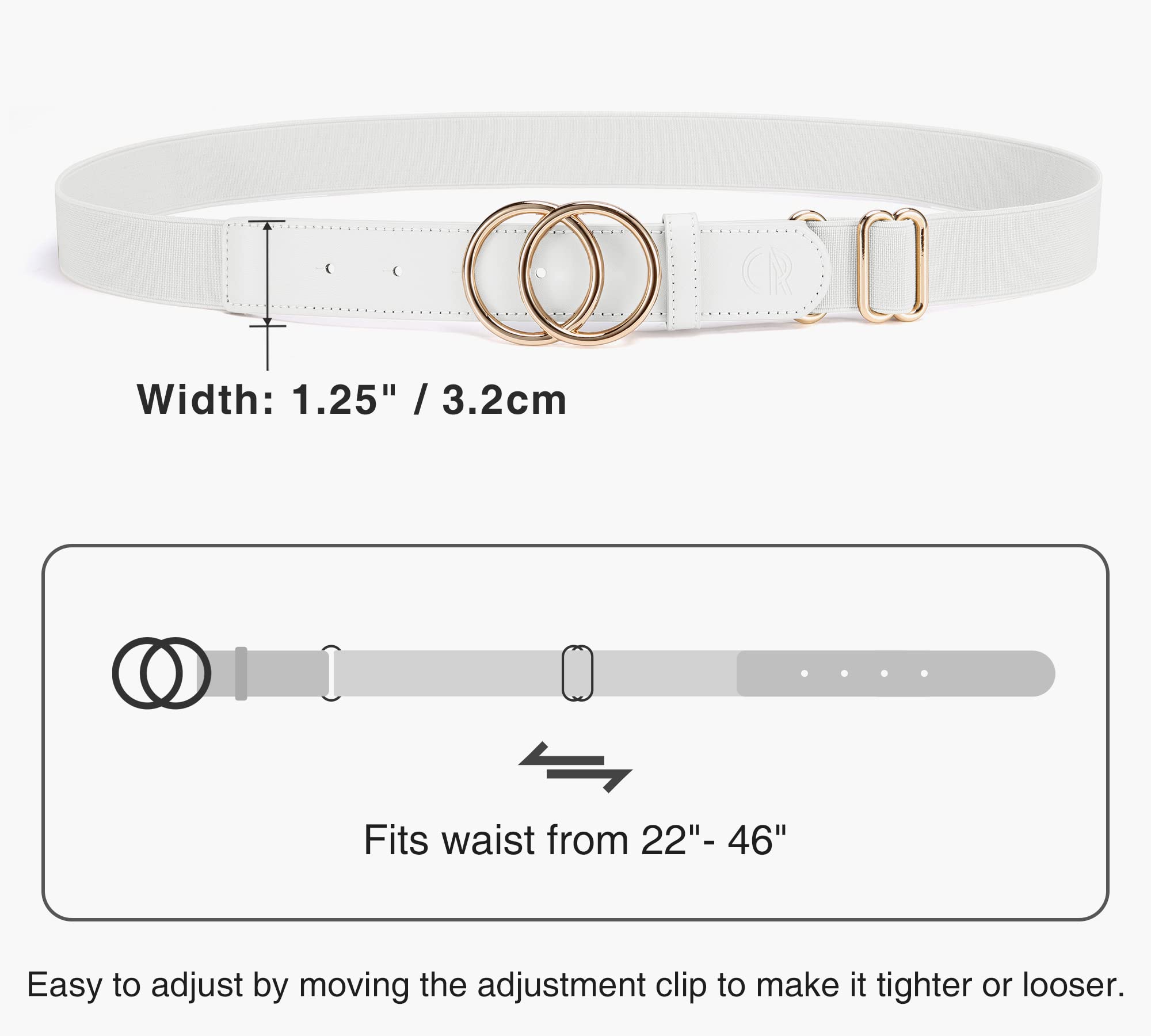 White Elastic Belt for Women - CR 1.25" Stretch Waist Belts for Women for Dresses Jeans - Fully Adjustable for Comfort Fit