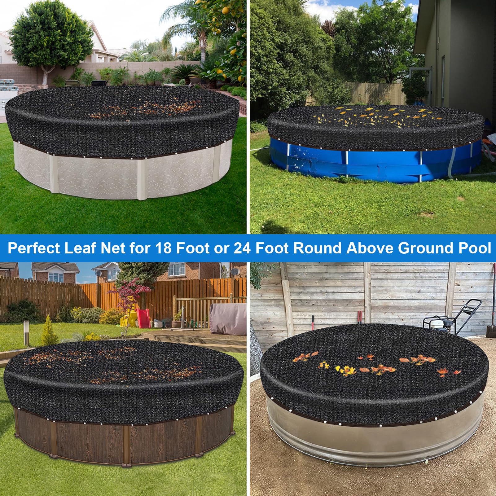 Pool Leaf Net Cover 18 ft Round, Fine Mesh 18 ft Pool Covers for Above Ground Pools, Winter Pool Cover 18 ft Round Above Ground, Pool Net Cover Safety with 10m Rope, Lightweight & Easy to Store, Black