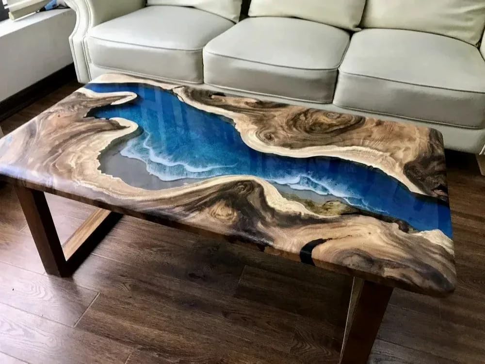 Natural Wood Unique Blue Ocean with Wave Look Resin Epoxy Table Coastal table Top Dining Table Coffee Table Side/End Table Home Décor (28.5" Inches Tall, 72 x 36 Inches)