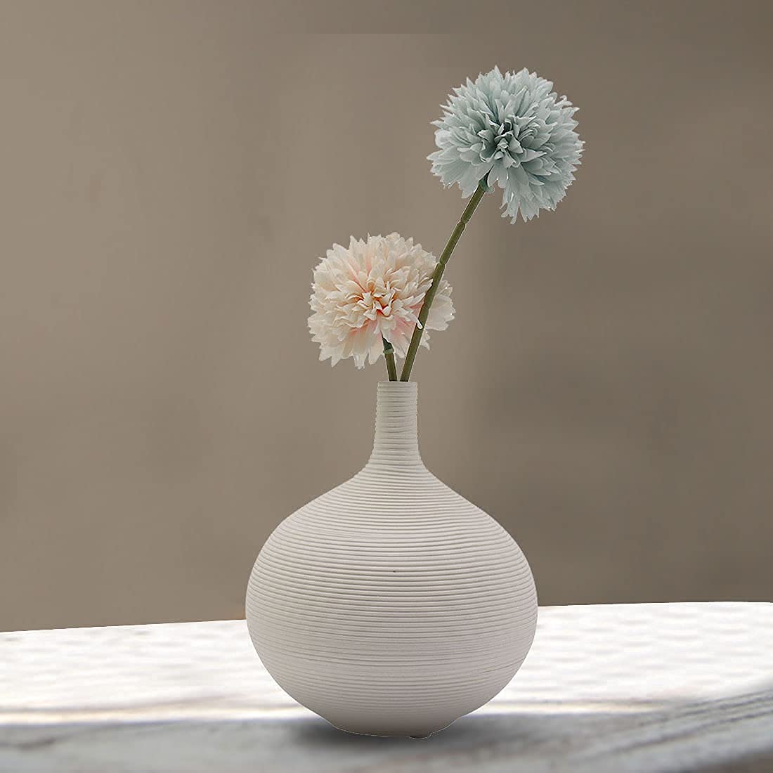 Telawsfun Narrow Neck Matte White Ceramic Vase,Small Round Textured Geometric Bud Flower Vase for Centerpieces Decor(6.18”)