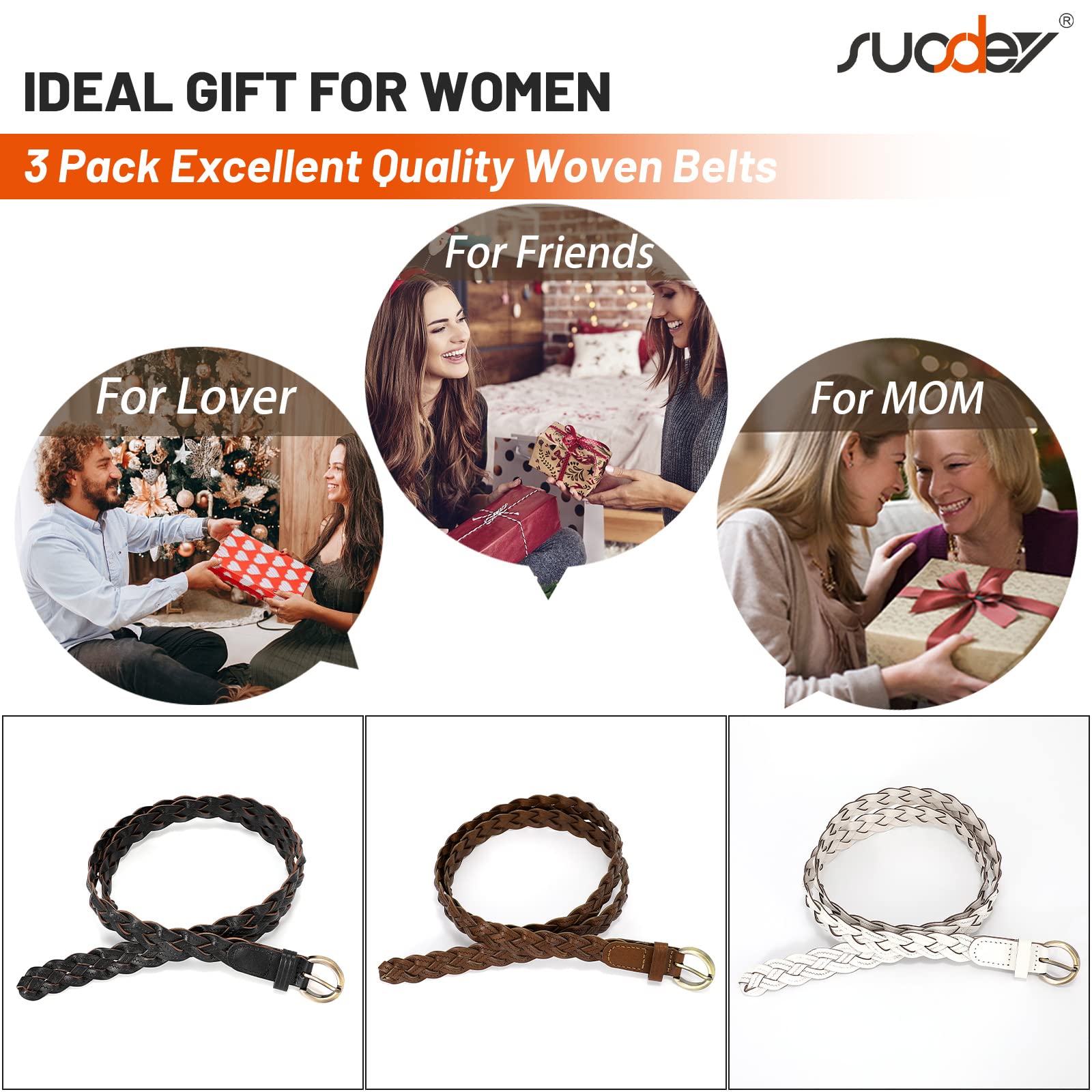 SUOSDEY 3 Pack Skinny Braided Leather Belts for Women, Thin Woven Waist Belts for Jeans Dresses,black brown white belts