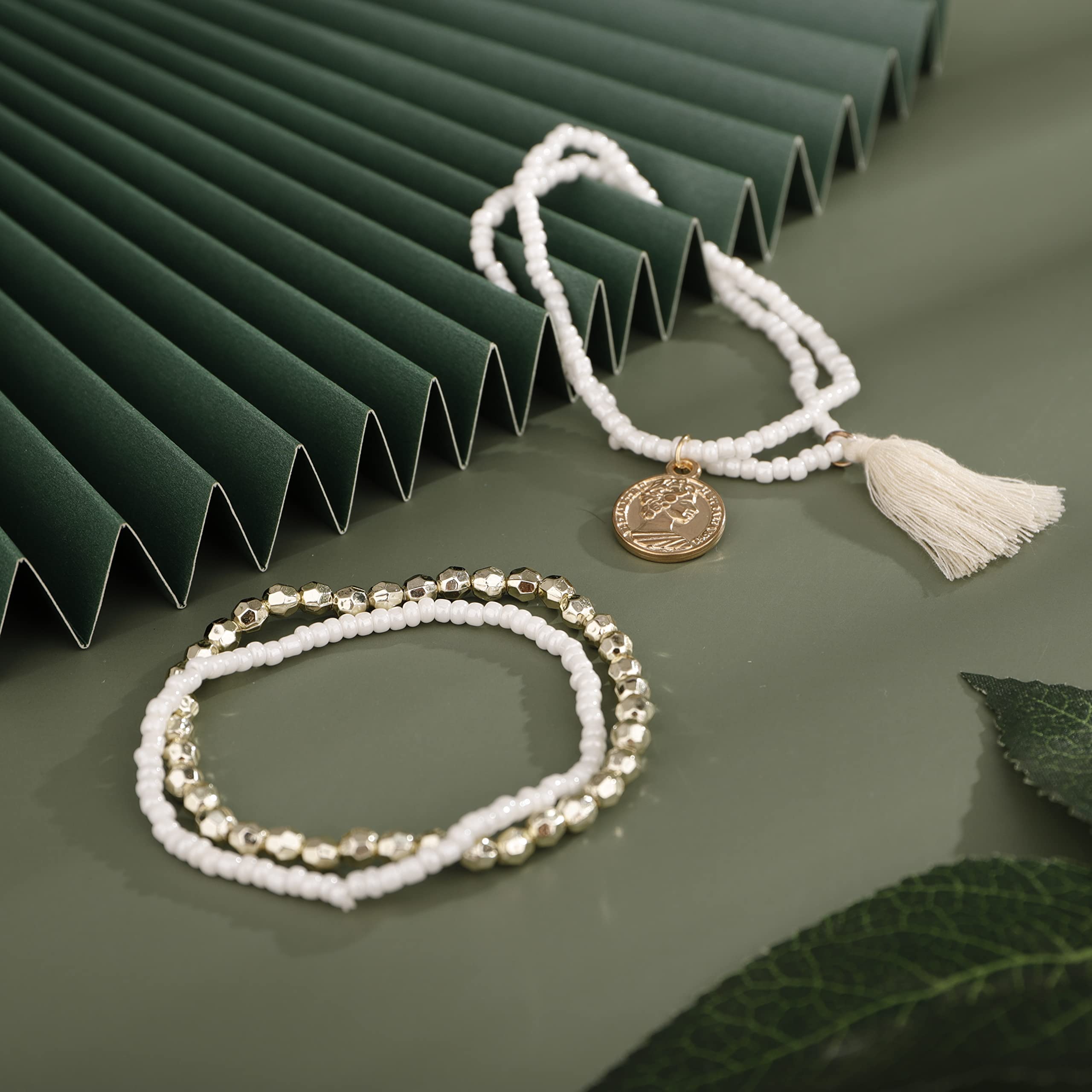 YERTTER 6pcs Bohemian Layered Rice Beads Ethnic Beaded Pendant White Tassel Stretch Stackable Strand Bracelet Rice Beads Bracelet Statement Gift for Women Girls(White)