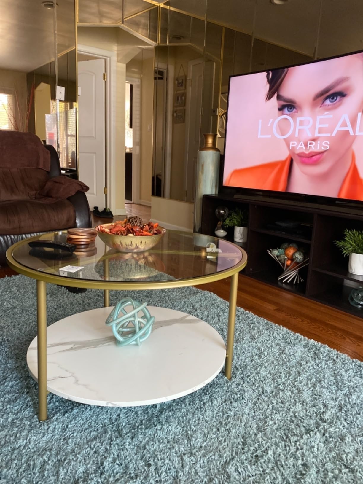 Moncot Round Coffee Table Small Coffee Table with Glass Top and Walnut Wood Shelf Modern Center Table with Metal Frame for Living Room