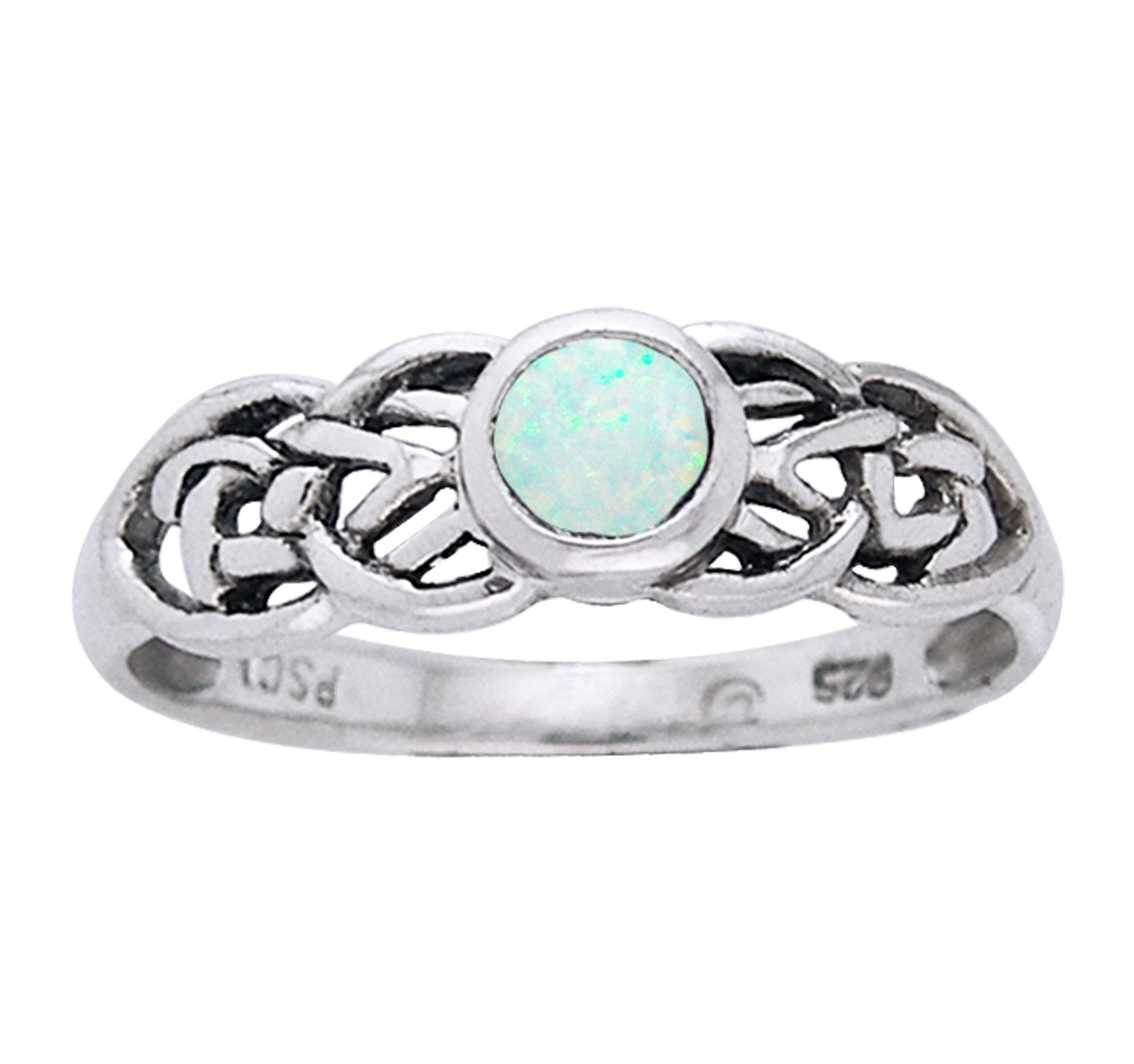 Petite Celtic Knot Birthstone Ring Sterling Silver Simulated Opal For October Size 14
