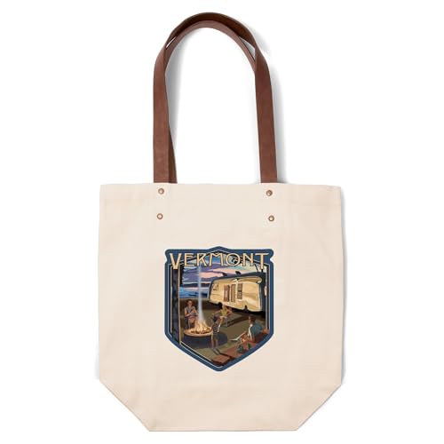 Vermont, Retro Camper and Lake, Contour (Canvas Deluxe Tote Bag, Faux Leather Handles & Zip Pocket)