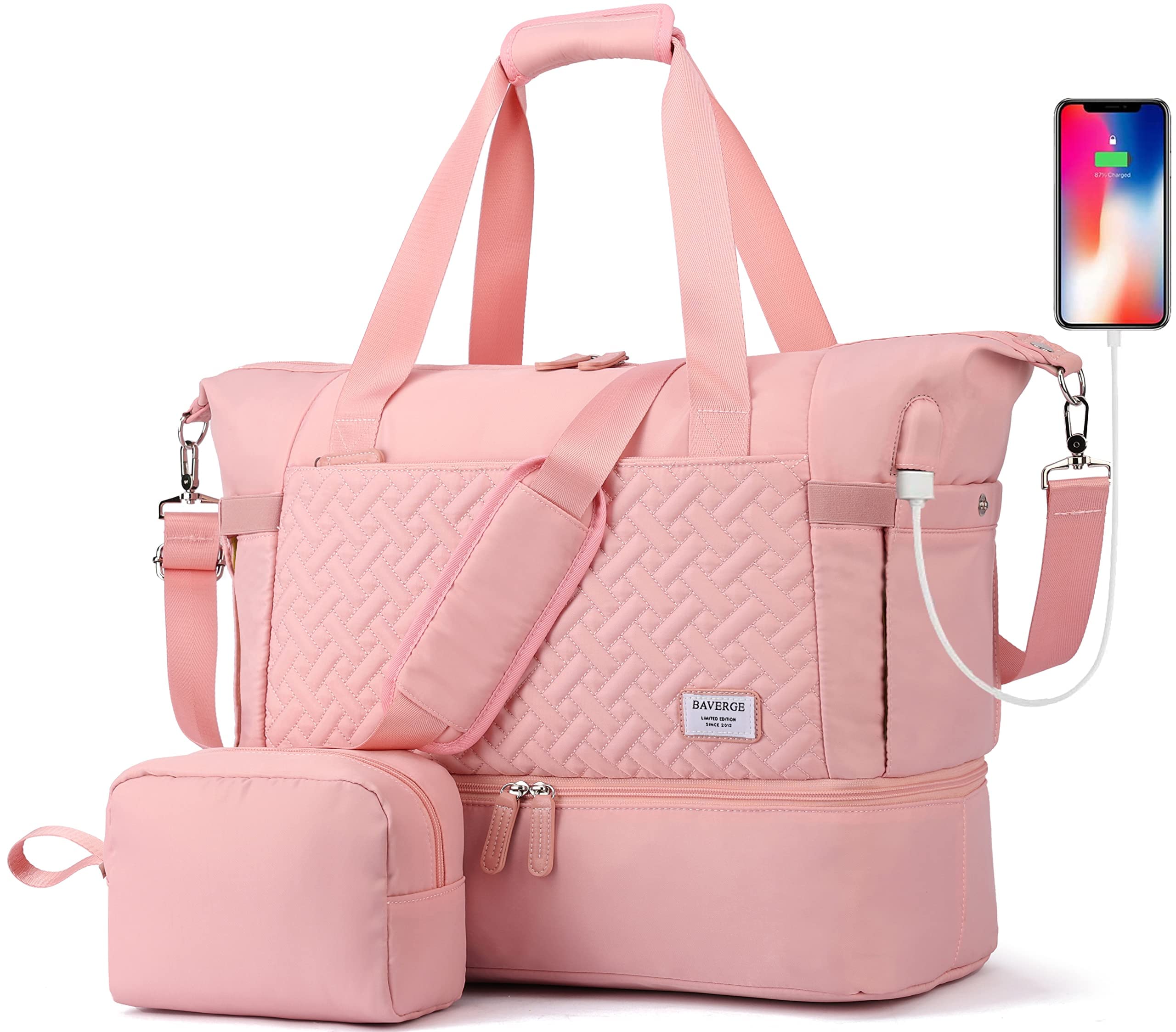 Travel Bags for Women, Weekender Bag with Shoe Compartment, Gym Tote Bags with USB Charging Port,Overnight Duffle Bag with Trolley Sleeve, Pink