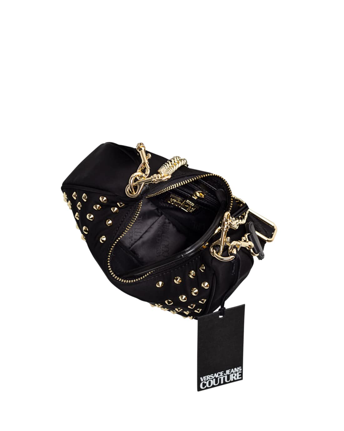 VERSACE JEANS COUTURE CROSSBODY BAG IN BLACK NYLON WITH GOLD STUDS AND CHAIN SHOULDER STRAP 73VA4BFGZS439