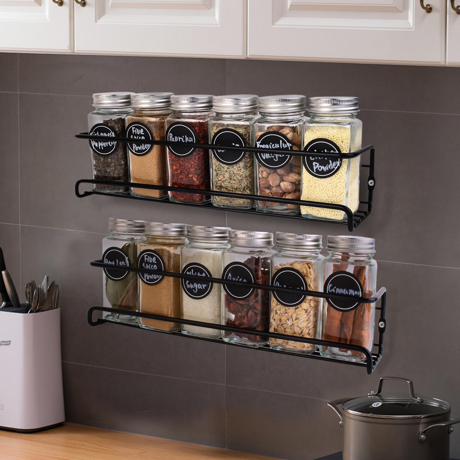 PNHYTUGY Spice Rack Wall Mount, 4 Pack Hanging Spice Rack with 24 Spice Jars, 180 Spice Labels, Whiteboard Marker & Funnel, Screw or Adhesive Spice Rack Organizer for Cabinet.Wall.Metal